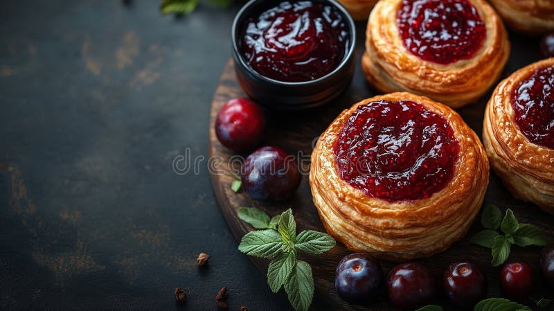 Delicious Puff Pastries, Jam and Plums on Wooden Table, Top View Stock ...