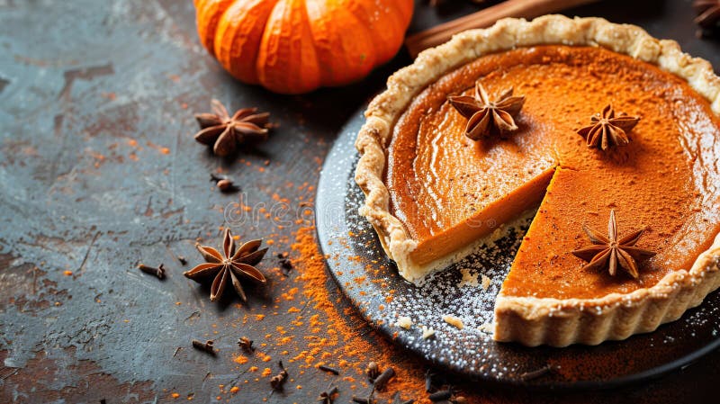A Delicious Pumpkin Pie with a Slice Missing, Decorated with Star Anise ...