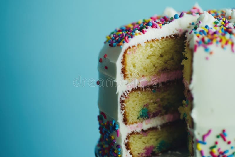 Delicious Rainbow Sprinkle Cake with Layers of Frosting on Blue ...