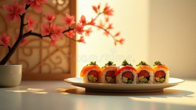 Delicious Rainbow Sushi Rolls on a Plate with a Blossoming Branch in ...