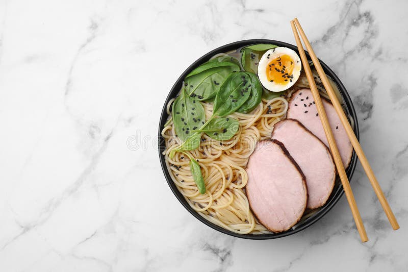 Delicious Ramen with Meat on White Marble Table, Top View and Space for ...