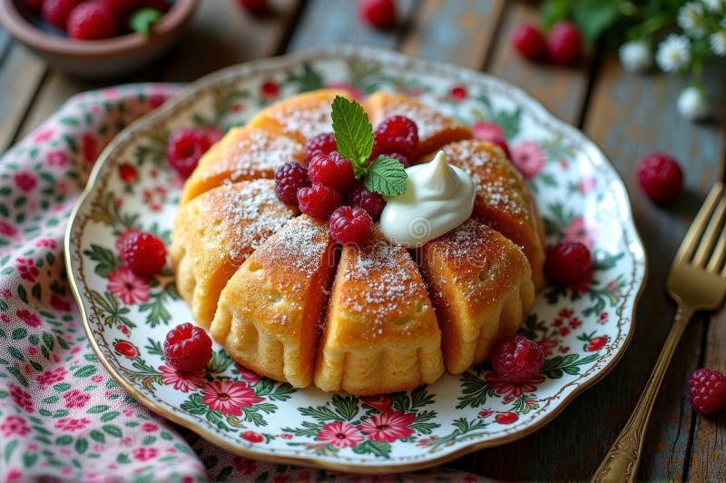 Delicious Raspberry Cake on Floral Plate with Whipped Cream Topping ...