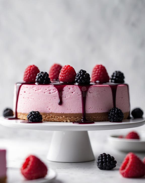 Delicious Raspberry Cheesecake with Blackberry Glaze. Stock Photo ...