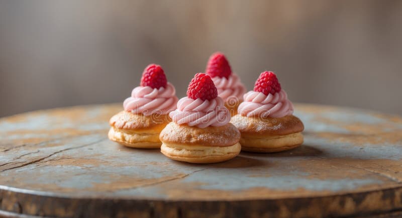 Delicious Raspberry Cream Puff Pastries on a Rustic Wooden Table Stock ...