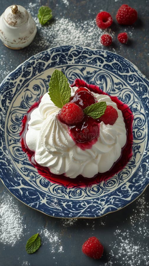 Raspberry Dessert with Whipped Cream Served on a Decorative Plate in a ...