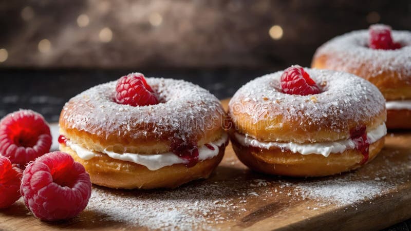 Delicious Raspberry-filled Donuts Dusted with Powdered Sugar on a ...