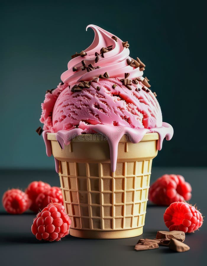 Delicious Raspberry Ice Cream Cone with Chocolate Sprinkles Stock ...
