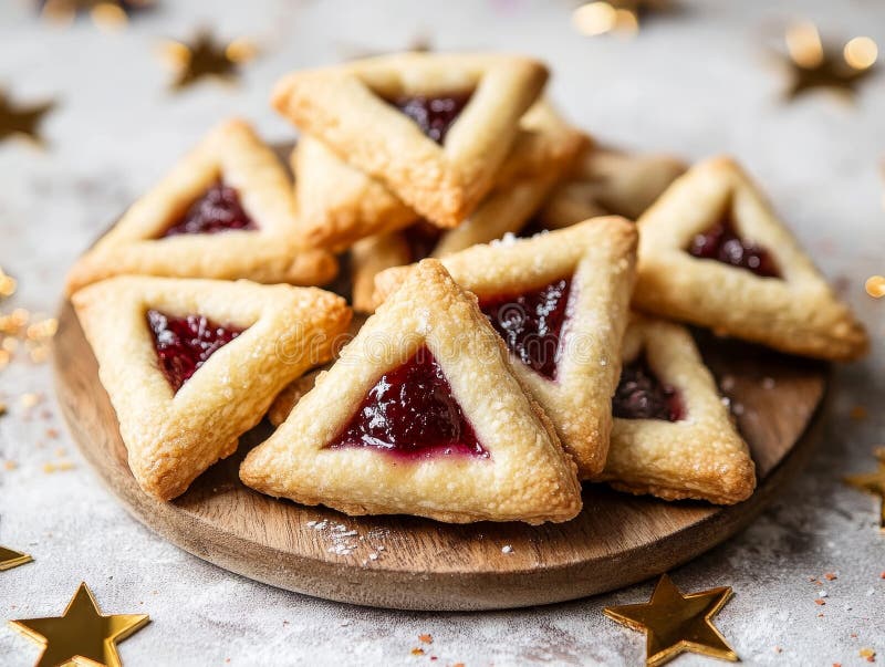 Delicious Raspberry Jam Triangle Cookies on Wooden Plate with Star ...
