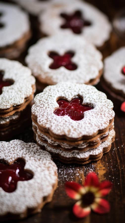 Delicious Raspberry Linzer Cookies with Powdered Sugar on Wooden Table ...
