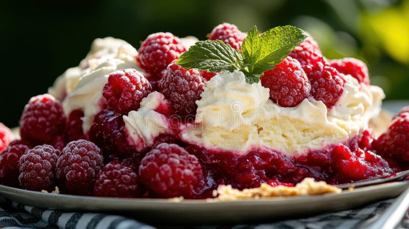 Delicious Raspberry Meringue Dessert with Whipped Cream and Mint ...