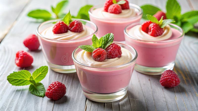 Delicious Raspberry Mousse Parfaits with Creamy Topping and Fresh Mint ...