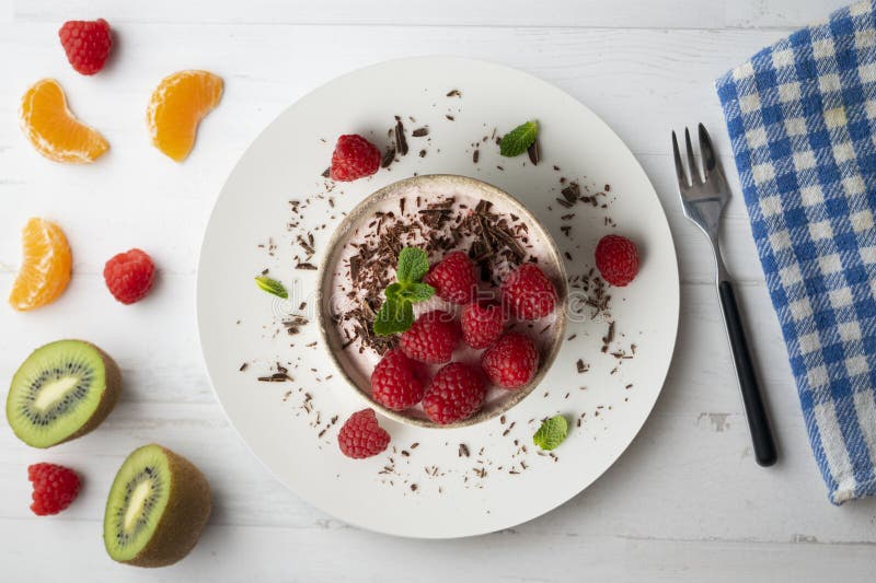Delicious Raspberry Mousse with Red Berries from an Overhead ...
