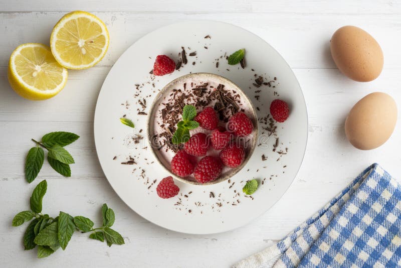 Delicious Raspberry Mousse with Red Berries from an Overhead ...