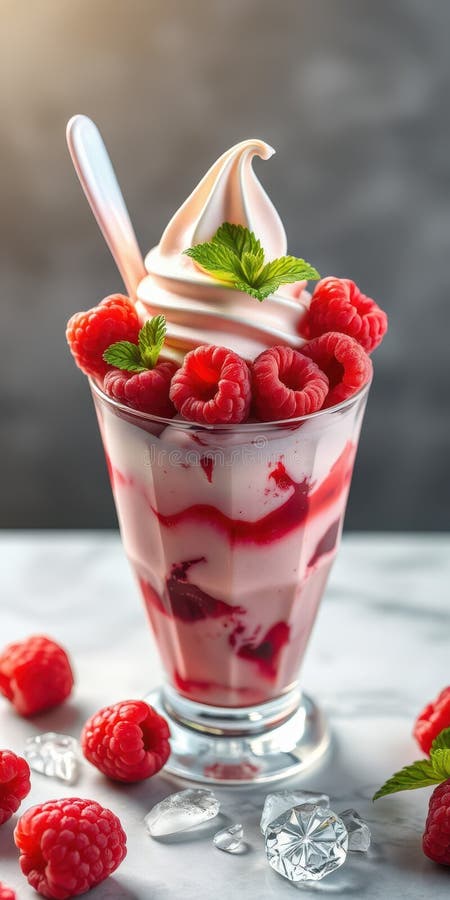 Delicious Raspberry Parfait with Soft Serve and Mint Leaves Served on a ...