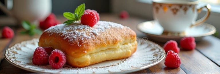 Delicious Raspberry Pastry with Powdered Sugar and Tea on Elegant Plate ...