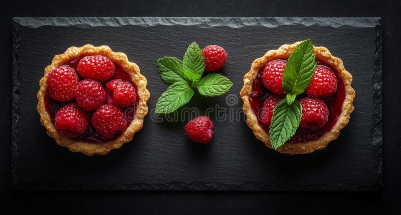 Delicious Raspberry Tarts with Fresh Mint Displayed on a Black Slate ...
