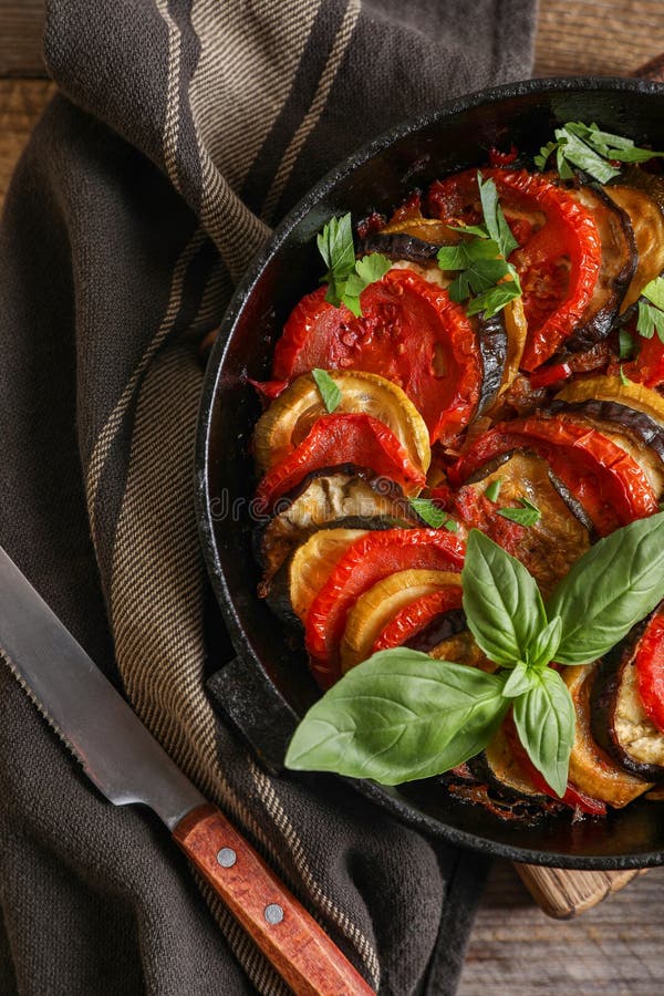Delicious Ratatouille and Knife on Table, Flat Lay Stock Image - Image ...