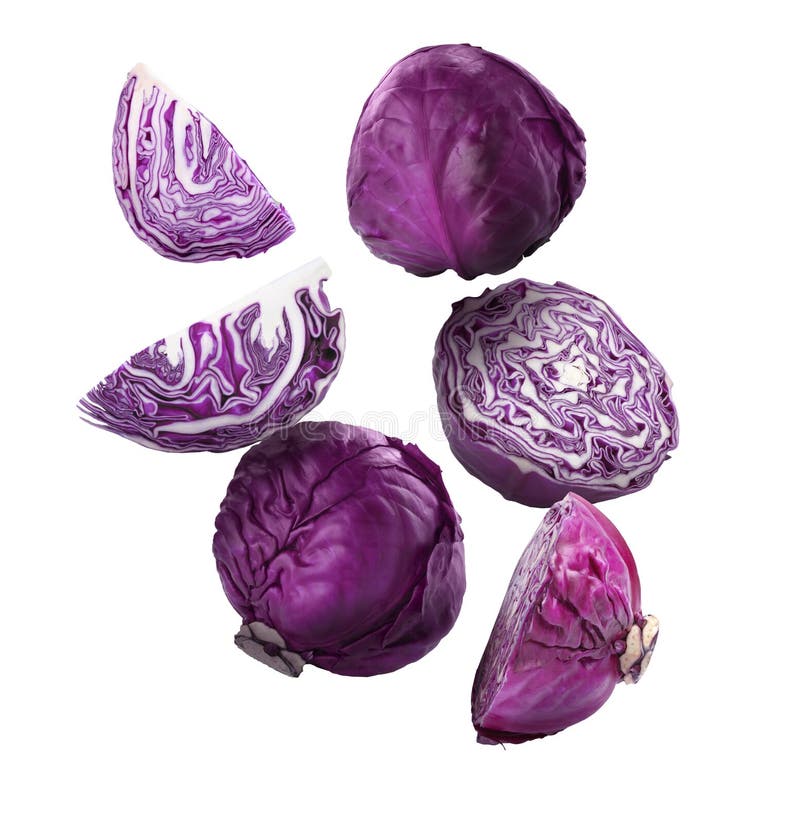 Delicious Raw Red Cabbages Flying on White Background Stock Image ...