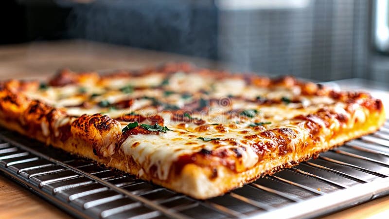 Delicious Rectangular Pizza with Melted Cheese and Fresh Basil Topped ...