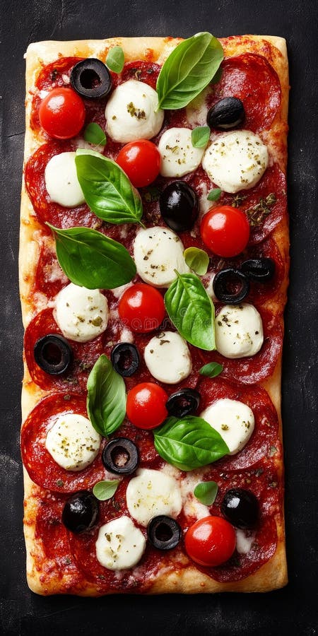 Delicious Rectangular Pizza with Mozzarella, Tomatoes, and Basil on a ...