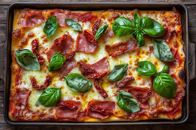 Delicious Rectangular Roman Pizza Topped with Smoked Ham and Fresh ...