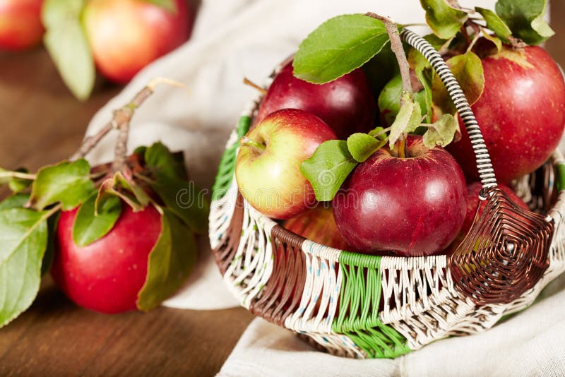 Delicious Red Apples in Basket Stock Image - Image of wooden, fruit ...