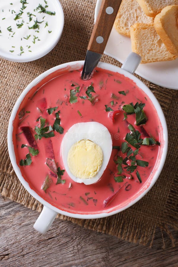Delicious Red Beet Soup with Egg and Sour Cream Top View Stock Image ...