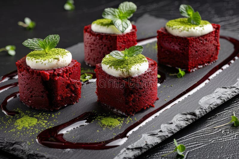 Delicious Red Velvet Cake Dessert with Mint Leaves Stock Illustration ...