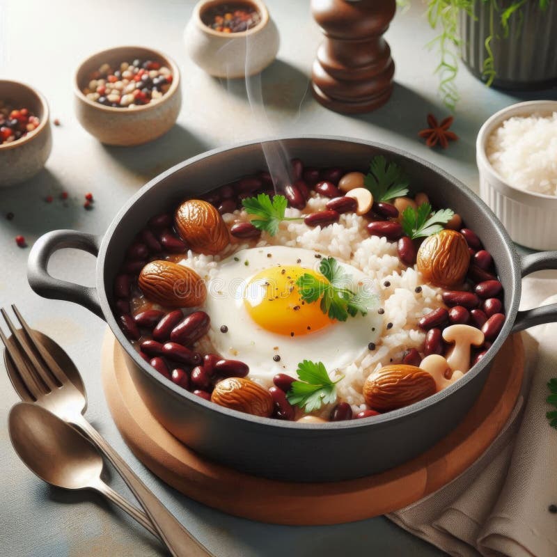Delicious Rice and Beans in a Saucepan on Dining Table Stock ...