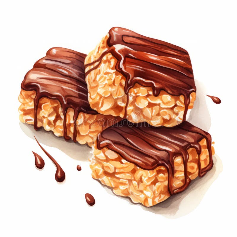 Delicious Rice Crispy Treats With Chocolate Glaze Watercolor Style Stock Illustration