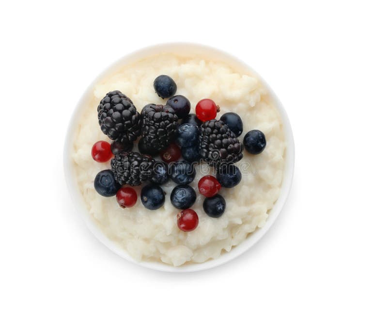 Delicious Rice Pudding with Berries Isolated on White, Top View Stock ...
