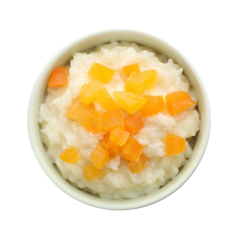 Delicious Rice Pudding with Dried Apricots Isolated, Top View Stock ...