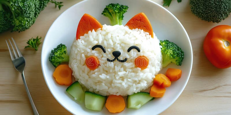 Delicious Rice with Vegetables Served in Form of Cat for a Little Kid ...