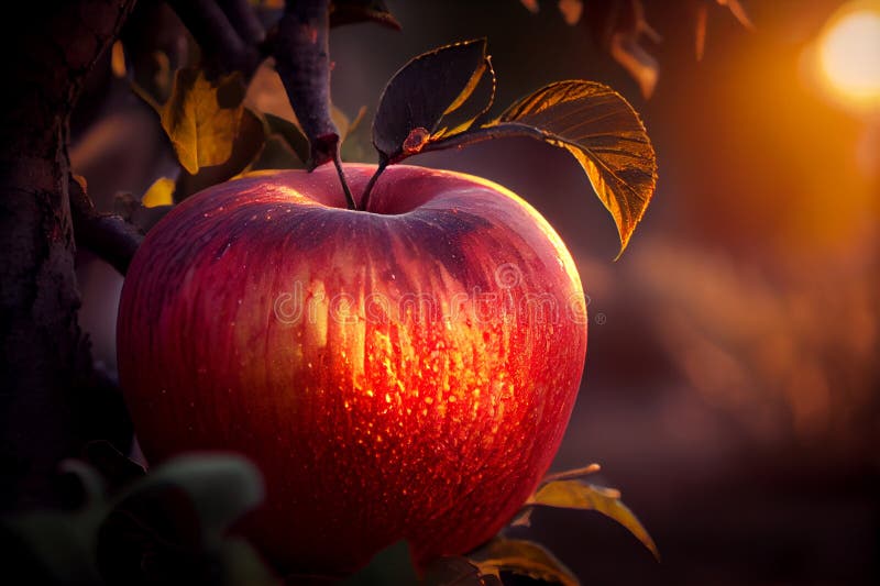Delicious Ripe Apple Hanging on a Tree with Sunset Golden Hour. AI ...