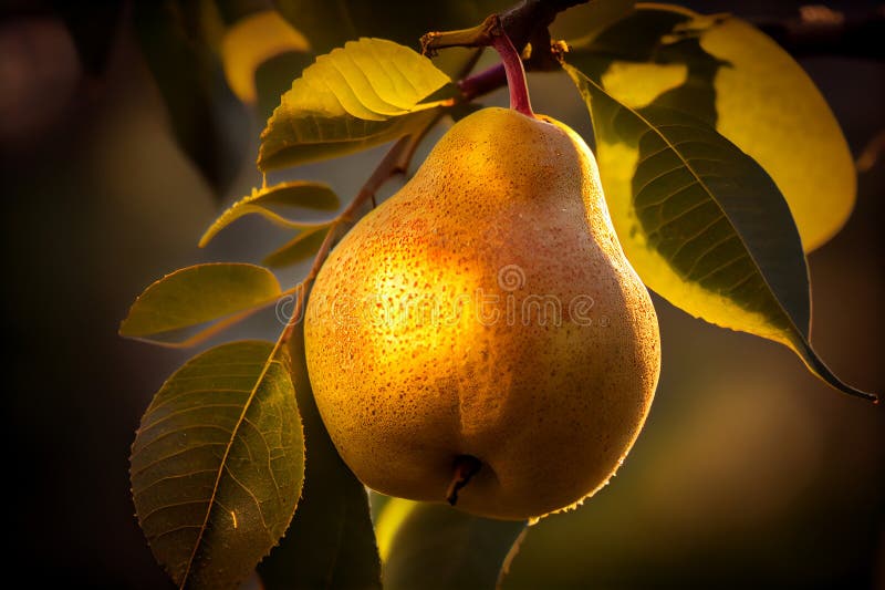 Delicious Ripe Pear Hanging on Tree with Sunset Golden Hour. AI ...