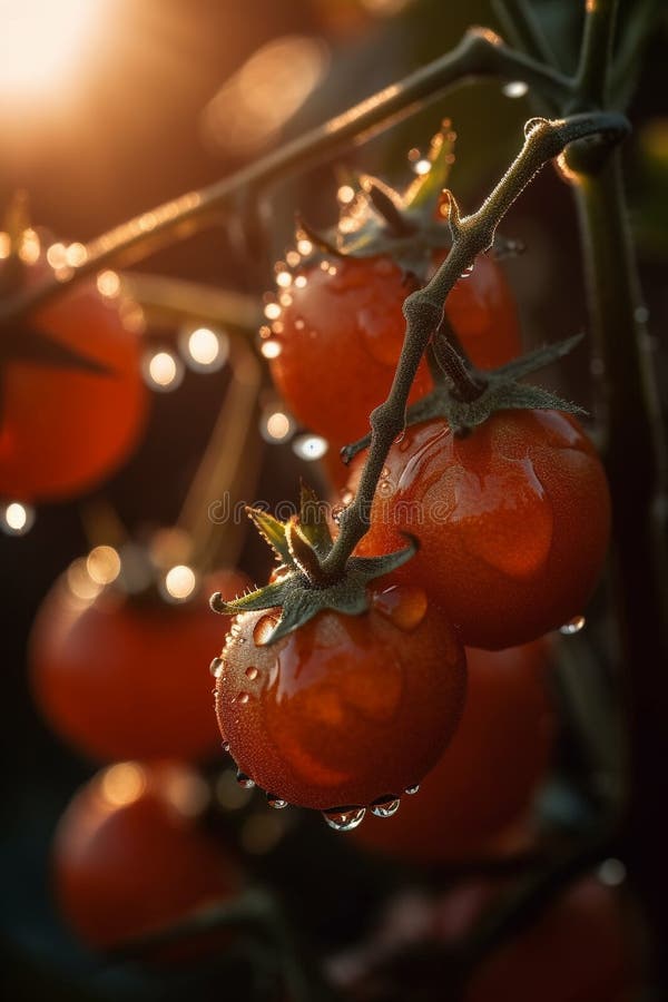 Delicious Ripe Tomato in the Rays of the Morning Sun and Glare from Dew ...