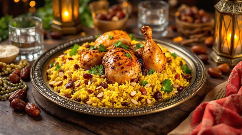 Delicious Roast Chicken Thighs with Saffron Rice, Almonds, and Dates in ...