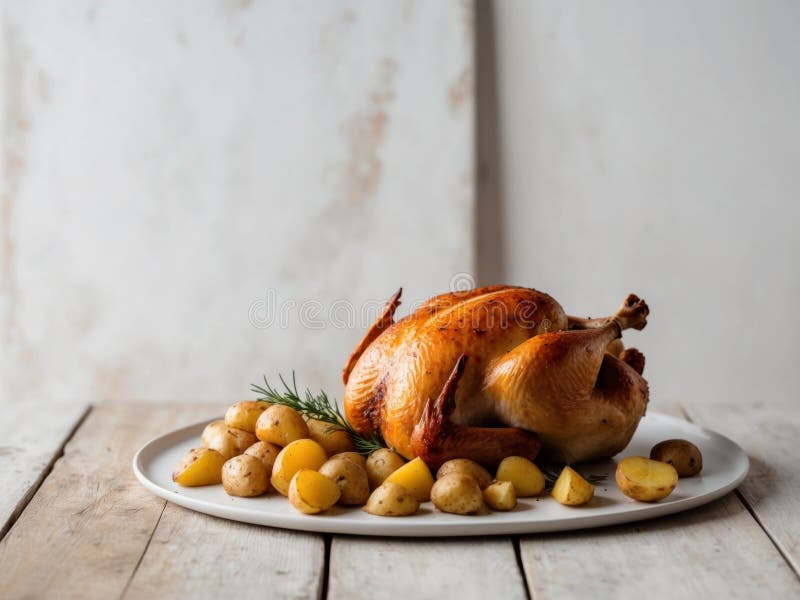 Delicious Roasted Chicken and Potatoes on a Wooden Backdrop. Stock ...
