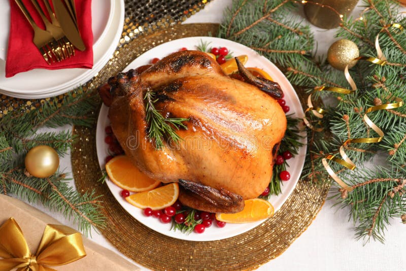 Delicious Roasted Turkey Served for Christmas Dinner on Table Stock ...