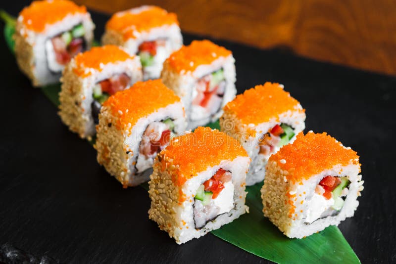 Delicious Rolls with Fish and Cheese Stock Photo - Image of caviar ...