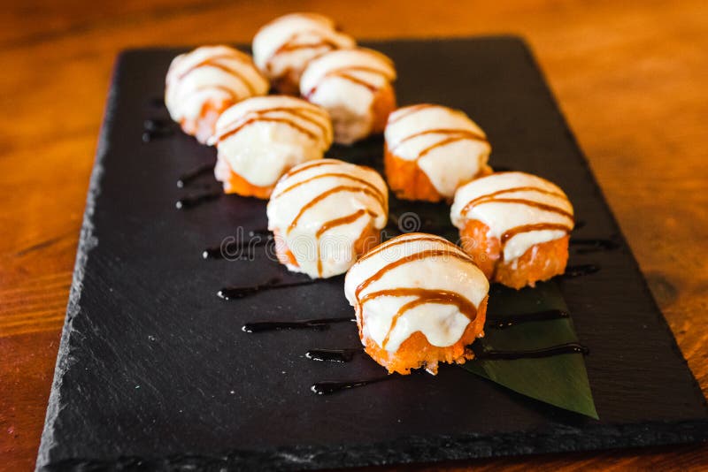 Delicious Rolls with Fish and Cheese Stock Photo - Image of food ...