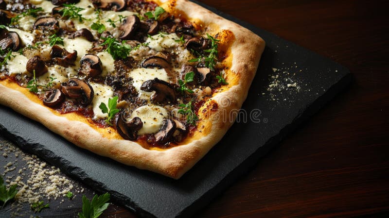 Delicious Roman Rectangular Pizza with Mushrooms and Cheese on Slate ...