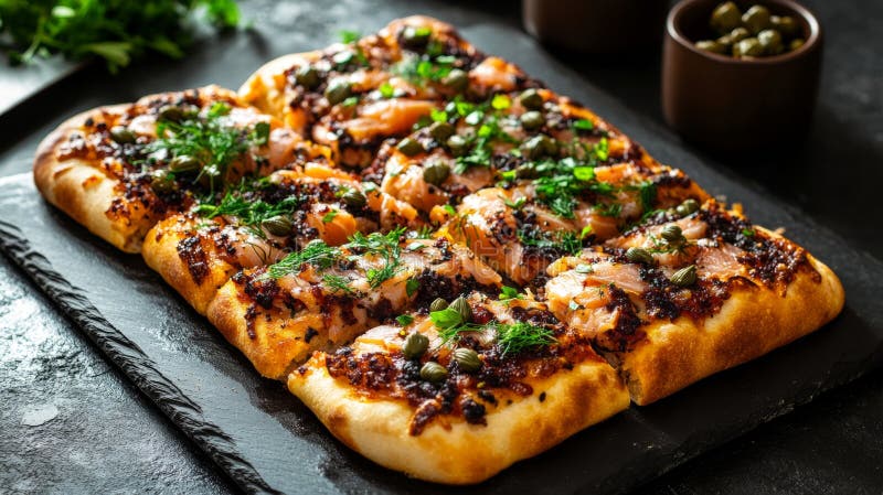 Delicious Rome Style Pizza Al Taglio with Fresh Herbs and Capers Stock ...