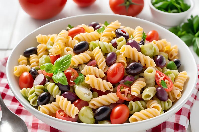 Delicious Rotini Pasta Salad with Cherry Tomatoes Olives and Basil ...
