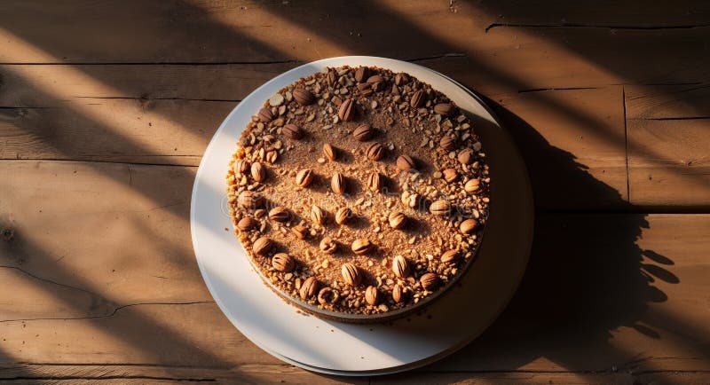 Delicious Round Cake with Nut Crust on Wooden Table Stock Photo - Image ...