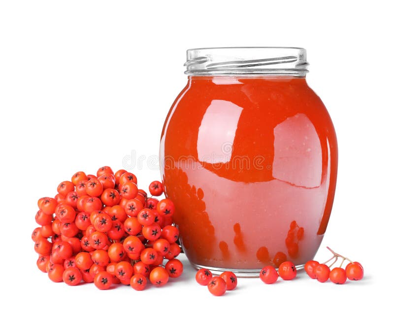 Delicious Rowan Jam in Glass Jar and Berries on White Background Stock ...