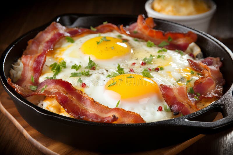 Delicious Rustic Breakfast - Sizzling Bacon and Eggs in Cast Iron ...
