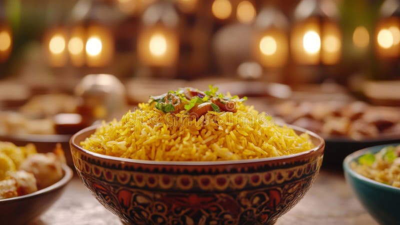 Delicious Saffron Rice Dish Served in Ornate Bowl Stock Illustration ...