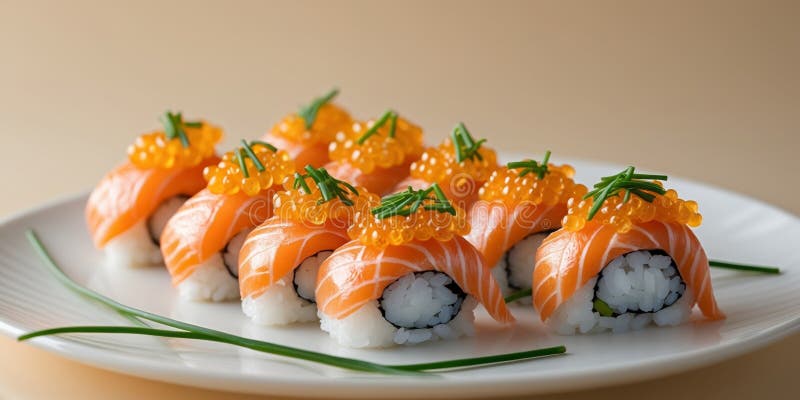 Delicious Salmon Sushi with Orange Roe and Chives. Stock Photo - Image ...