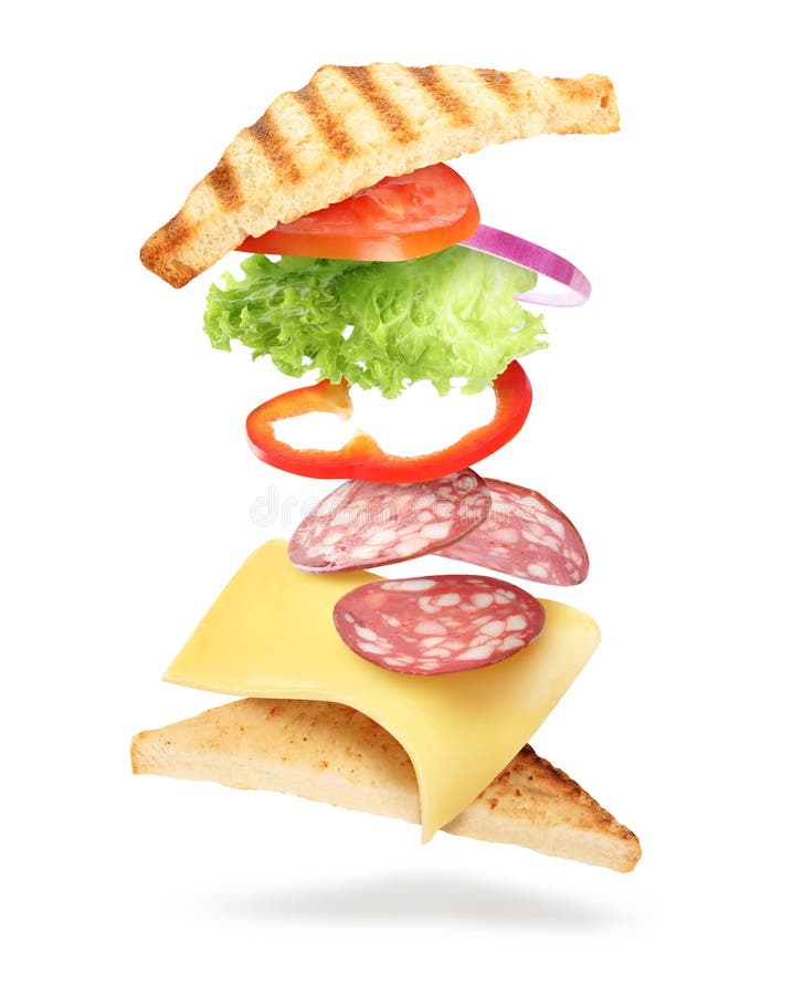 Delicious Sandwich with Flying Ingredients on White Background Stock ...